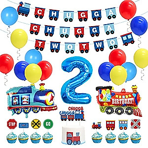 Chugga Chugga Two Two Party Decorations for 2 Years Old Boys, Railroad Train Crossing Theme Birthday Party Supplies - Chugga Chugga Two Two Banner, Cake Topper, Train Foil Balloons
