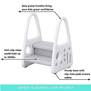 Toddler Step Stool with Handles, Two Step Stool for Toddler and Kids, Reaching Bathroom Sink, Toilet Potty Training (Gray)