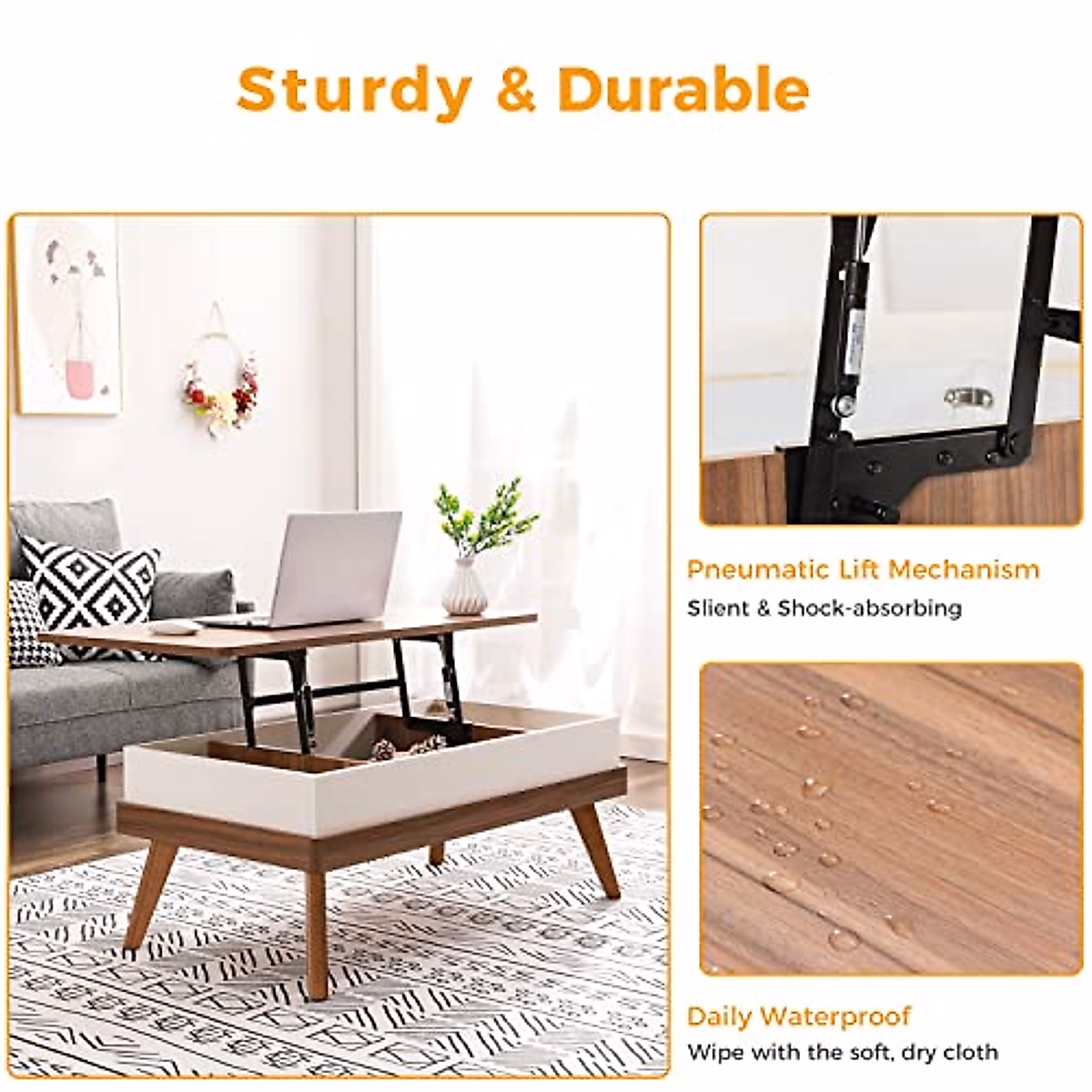 Bidiso Lift Top Coffee Table, Easy-to-Assembly Center Table with Hidden Storage Compartment, Modern Lift Tabletop Dining Table for Living Room Reception/Home Office, Walnut