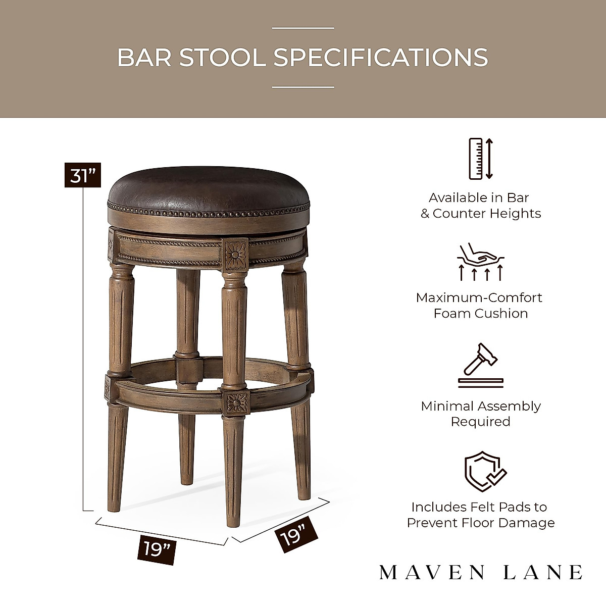 Maven Lane Pullman 31 Inch Tall Bar Height Upholstered Backless Barstool in Walnut Finish with Marksman Saddle Vegan Leather Cushion Seat, Set of 3