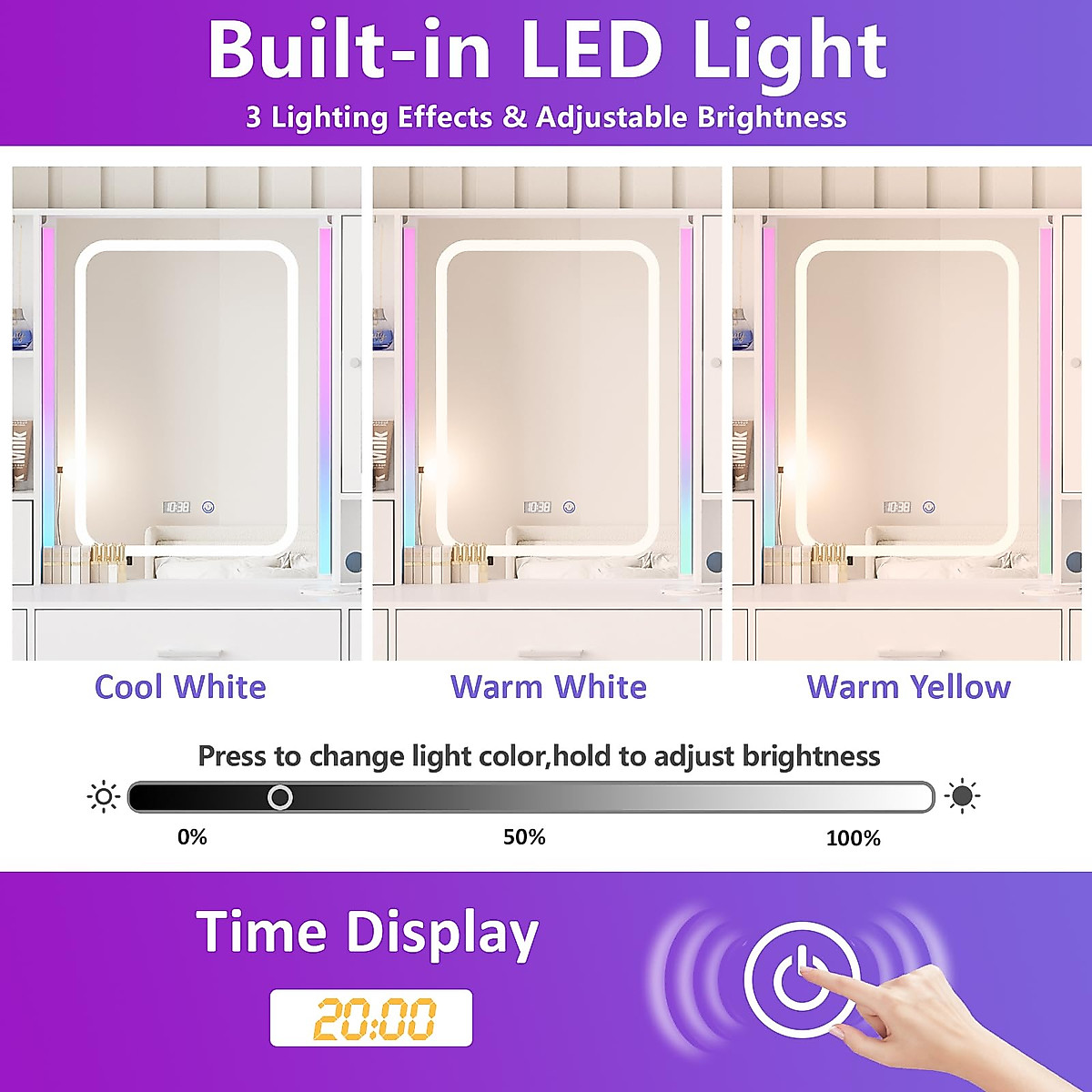 White Vanity Desk with Mirror and Lights,Makeup Vanity with RGB Lights and Power Strip,Makeup Desk Vanity Table with 5 Drawers Lots Storage & Time Display,3 Lighting Modes LED Lighted Mirror,41.3in(L)