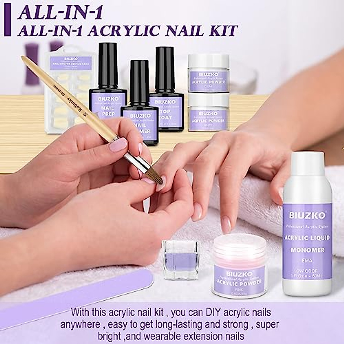 Acrylic Nail Kit, Acrylic Powder and Acrylic Liquid Monomer Set with Nail Prep Primer Top Coat Kolinsky Brush Nail Glue Tips Acrylic Nail Kit with Everything for Beginners