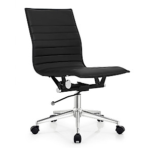 2xhome - Mid Back Height Modern Office Arm Chair, Ribbed PU Leather Seat with Swivel Tilt Adjustable Chrome Base - Executive Conference Room Task Chair (Black)