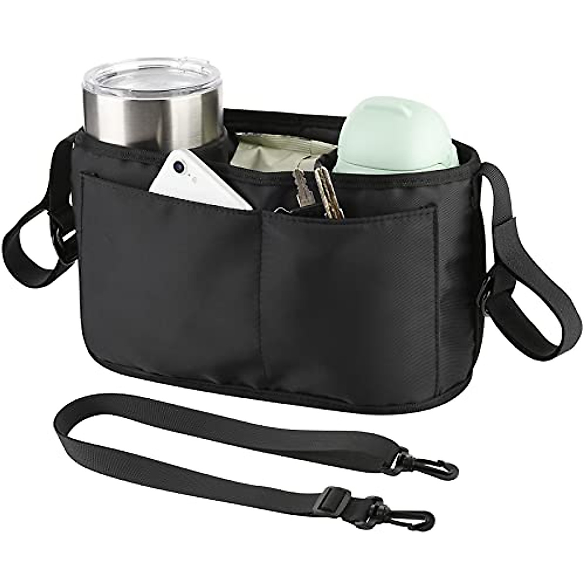 Beautyflier Universal Baby Stroller Organizer with Insulated Cup Holder and Shoulder Strap, Fits for Stroller like Uppababy, Baby Jogger, Britax, Bugaboo, BOB, Umbrella and Pet Stroller, Pockets for Carrying Diaper, Phone, Keys, Toys and Snacks (Black)