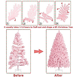 Yaheetech 6ft Pink Artificial Christmas Pine Tree Seasonal Holiday Carnival Home Party Decoration for Home, Office, Party Decoration Indoor Outdoor with 818 Branch Tips and Foldable Stand