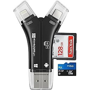 [MFi Certified] 4in1 SD Card Reader for iPhone That Reads Both SD TF Memory simultaneously,for Trail Camera/Hunting Game Camera Viewer Plays Video Photo on All Latest Apple iOS