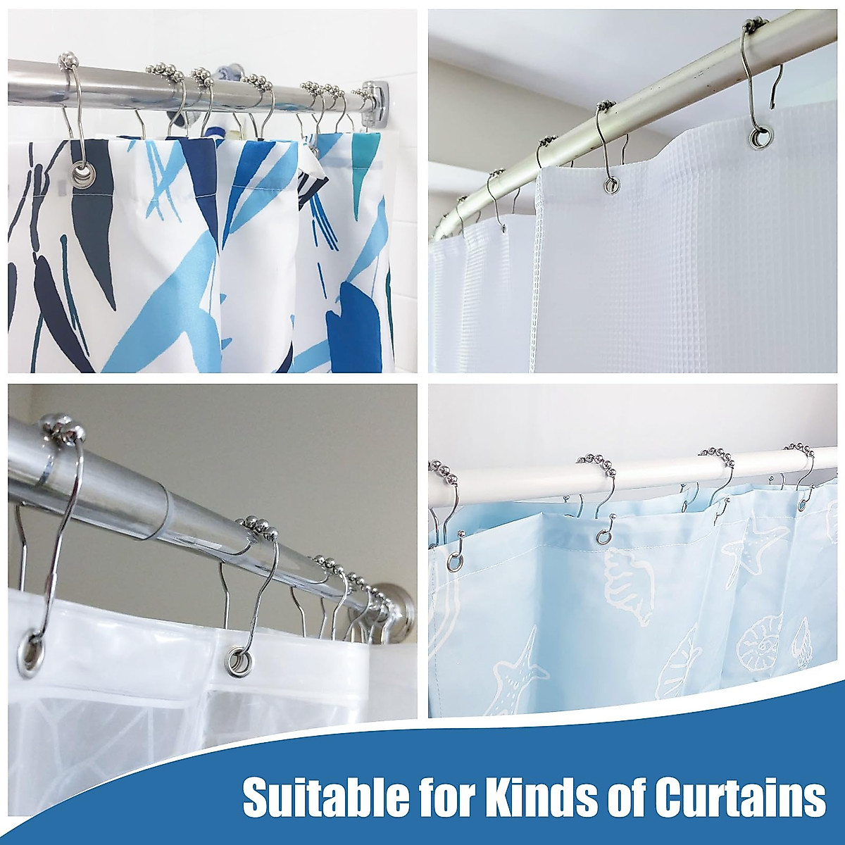 Shower Curtain Hooks Rings for Bathroom - 12 Pcs Stainless Steel (Silver Pear-Shape)