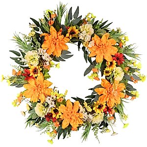 TechKen Door Wreath for Spring Summer Dahlia Wreath with Blossom Yellow & Orange Farmhouse Wreath on Grapevine for Front Door, Wall, Window Wreath 22-24inch