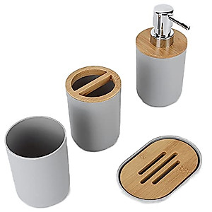 Garosa 4Pcs Bathroom Accessory Set Bamboo Waterproof Plastic Toothbrush Cup Lotion Dispenser Soap Box Tooth Mug for Home Hotel Gift (Grey)