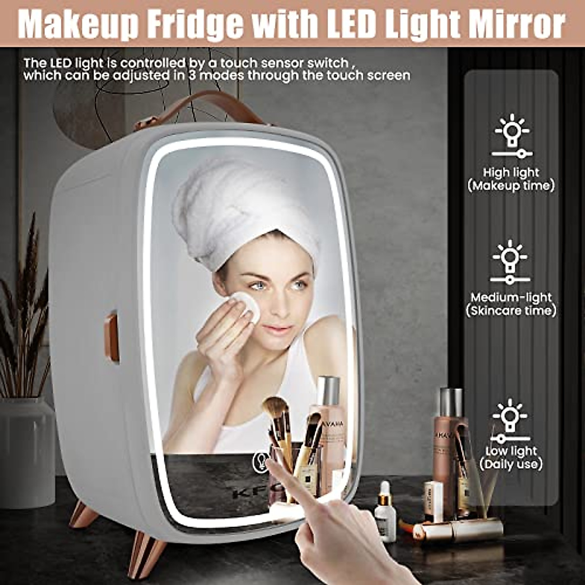 KFO Portable Mirrored Beauty Fridge With LED Lighting,6 Liter Portable Mini Fridge for Makeup, 4 Liter/6 Can 3 LED Mirror Light Mode,for Makeup Storag