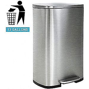 50 Liter/13.2 Gallon Kitchen Bathroom Step Trash Can, Stainless Steel Slim Garage Bin, Soft-Close Wastebasket with Lid for Powder Room, Bedroom, Craft Room, Office - Removable Liner Bucket- Silver
