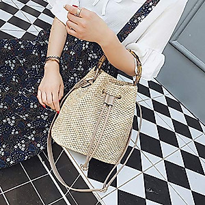 Women's Bucket Drawstring Handbag Straw Shoulder Bag Bamboo Tote Crossbody Bag Beach Bag