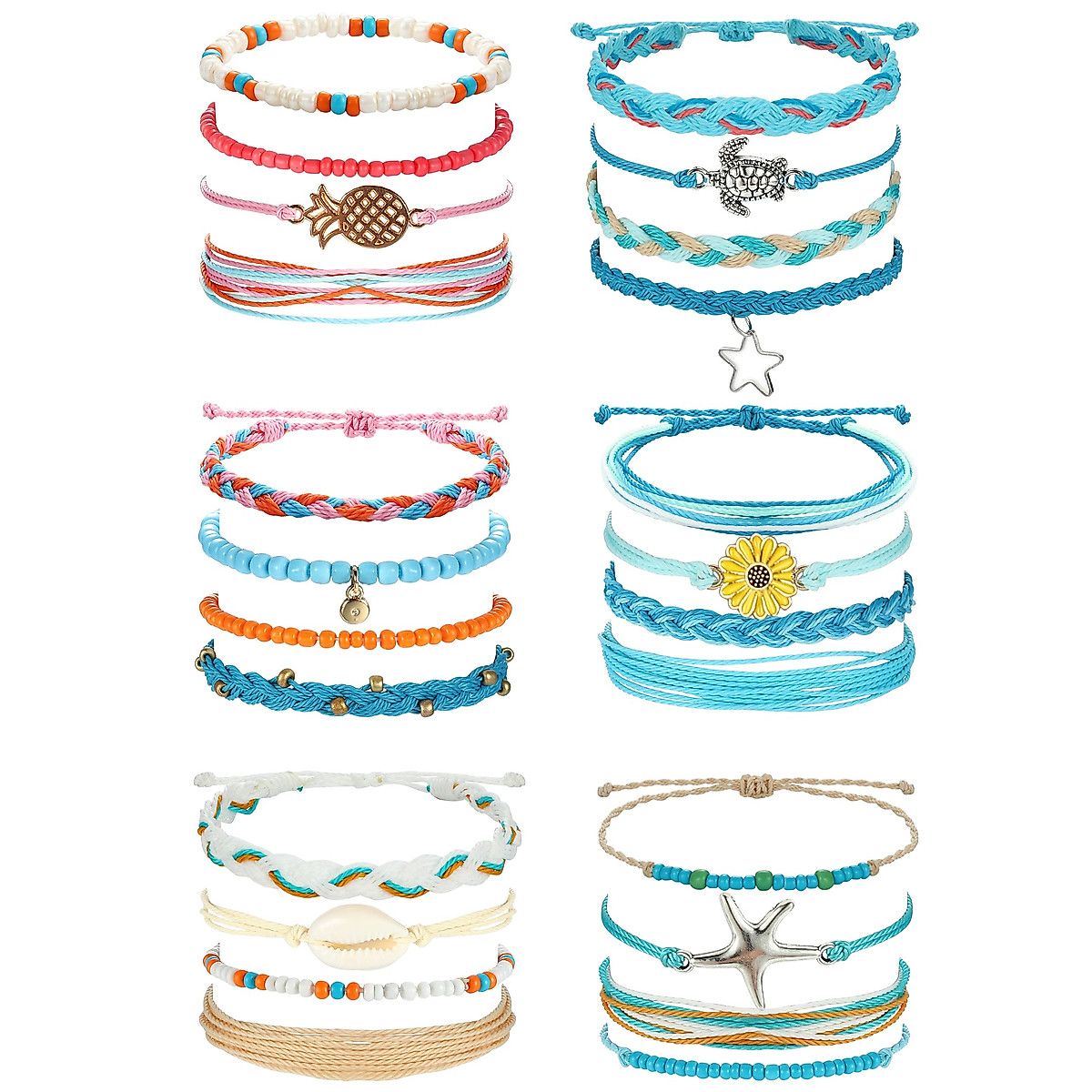 LOLIAS 24 Pieces Waterproof String Bracelets for Women Surfer Wave Boho Bracelet Adjustable Handmade Friendship Bracelet String Ocean Beach Boho Bracelets Anklets for Women Ocean