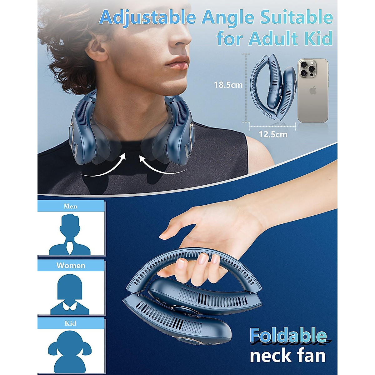 Neck Fan with Mist Spray,Personal Bladeless Folding Neck Fans that Blow Cold Air,Portable Neck Fan Rechargeable Battery Operated Quiet Headphones Device,Wearable Necklace Fan for Women Men Kids Blue
