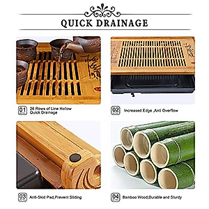 Ufine Bamboo Tea Tray 19.7 inch Large Tea Serving Tray with Water Storage Drainage Chinese Gongfu Tea Table Gift Set Home Office
