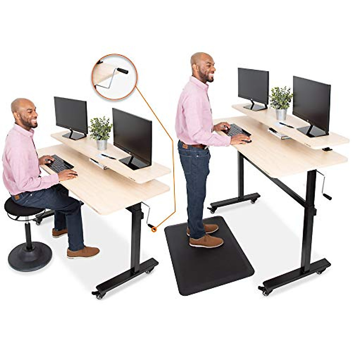 Stand Steady Tranzendesk | 55 Inch Standing Desk with Clamp On Shelf & Detachable Wheels | Crank Height Adjustable Sit to Stand Workstation | Monitor Riser Supports 3 Screens (55 in / Maple)