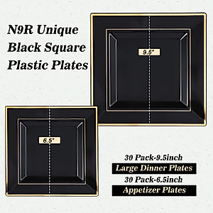 N9R 60 Pack Black Square Plastic Plates with Gold Rim Include 30 Disposable Dinner Plates 9.5 Inch and 30 Dessert Plates 6.5 Inch, Fancy Plates for Party, Wedding, Halloween and Daily Use