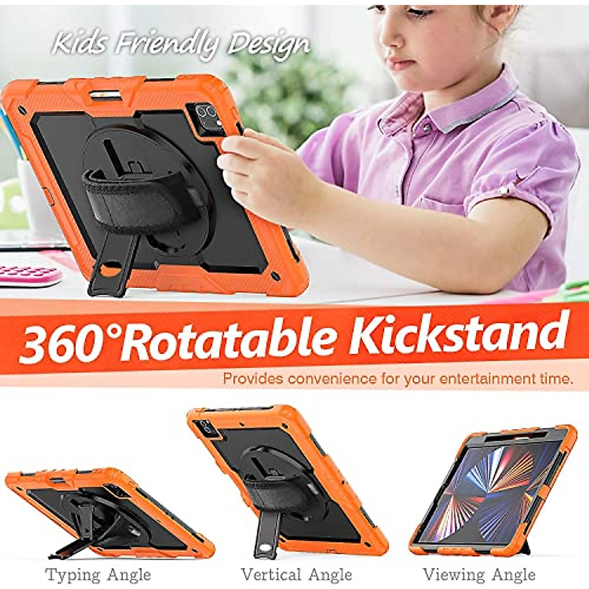 CLARKCAS Case for iPad Pro 12.9 inch Case 6th 2022 2021 5th Generation iPad Pro 12.9 Inch 2020 4th Gen with Screen Protector Pencil Holder Kids Shockproof Silicone Cover 360 Stand Hand Strap Orange