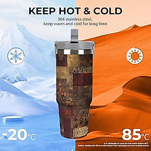 YTLKGFP 30 Oz Large Capacity Car Cup Patchwork Pattern Tumbler with Handle Straw Lid Insulated Stainless Steel Water Bottle Travel Mug Leak-proof Car Cup Keeps Cold Or Hot