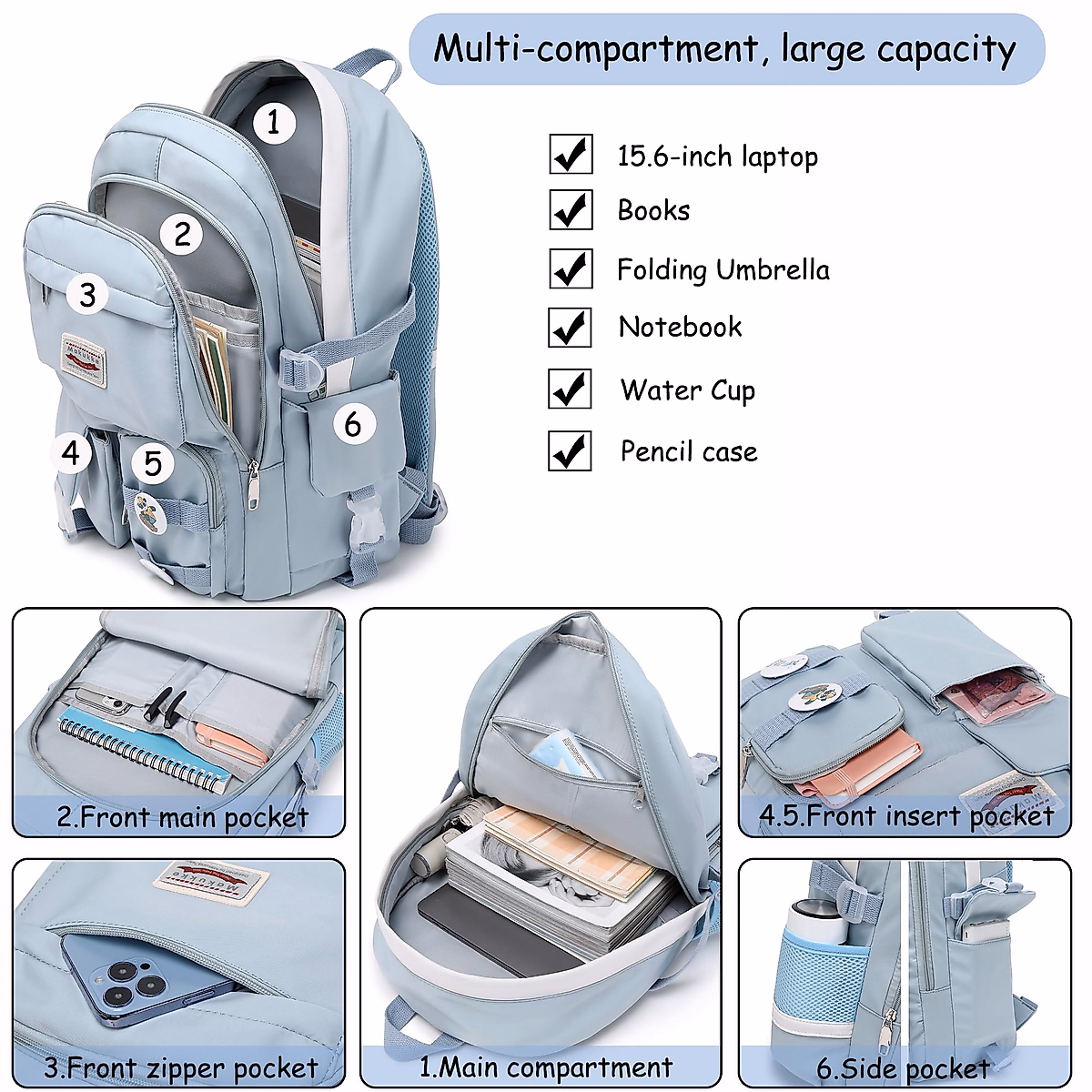 Makukke School Backpacks for Teen Girls - Laptop Backpacks 15.6 Inch College Cute Bookbag Anti Theft Women Casual Daypack,Blue Backpack