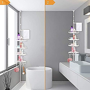 Ejoyous Tension Corner Shower Caddy, 4 Tier Height Adjustable Bathroom Corner Shower Rack Organizer Telescopic Rustproof Shower Caddy Pole for Storing Shampoo, Conditioner, Soap - White