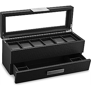 Glenor Co Watch Box with Valet Drawer for Men - 6 Slot Luxury Watch Case Display Organizer, Carbon Fiber Design -Metal Buckle for Mens Jewelry Watches, Men's Storage Holder Boxes has a Large Glass Top