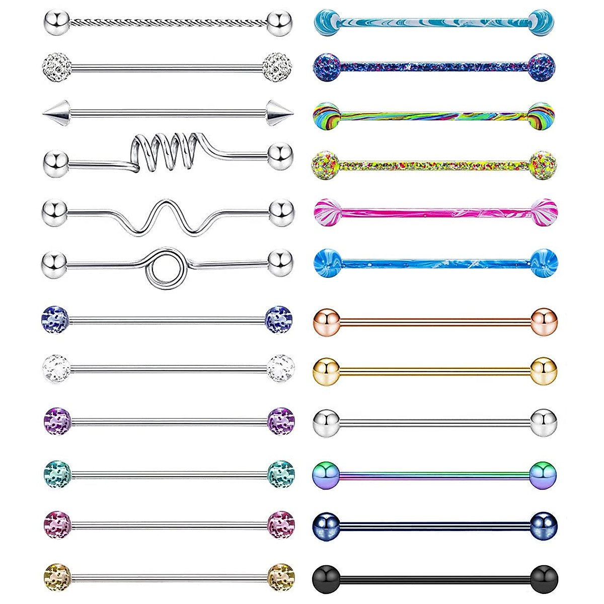 YOVORO 24Pcs 14G Stainless Steel Industrial Barbell Earrings for Women Men Cartilage Helix Piercing Jewelry Industrial Piercing Bar 38MM S