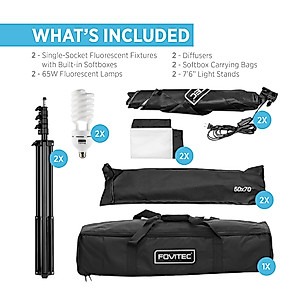 Fovitec 2-Light Fluorescent Studio Lighting Kit, 20"x28" Quick Setup Softboxes, 650W Continuous Light and Stands for Portraits, Product Photos, Vlogging, Video Conferencing, and Live Streaming