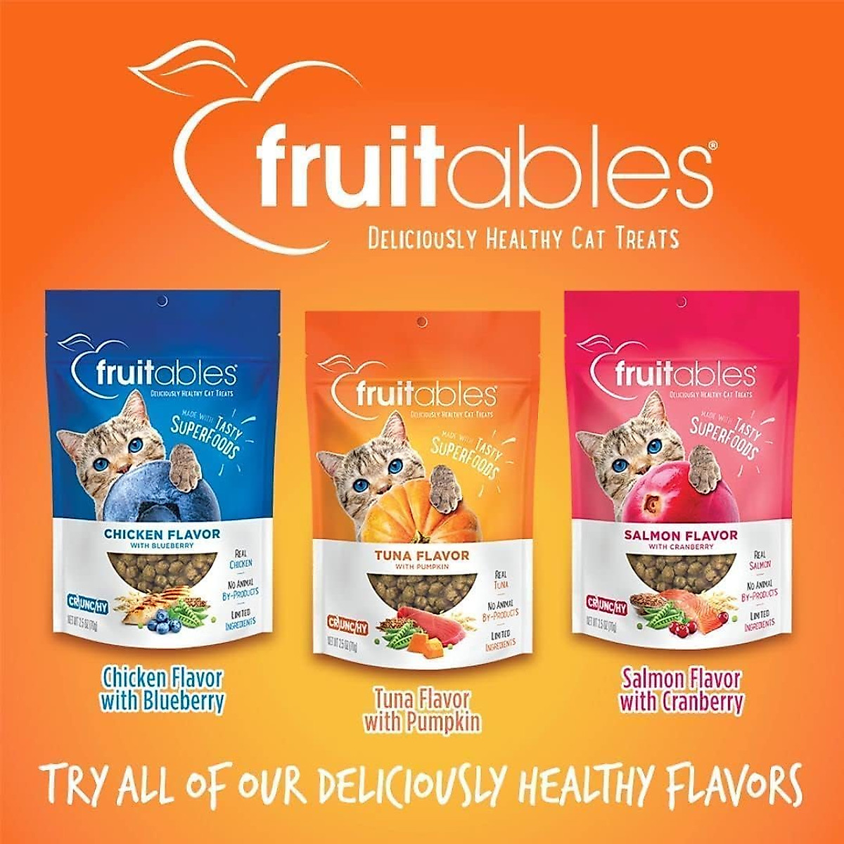 Fruitables Cat Treats | Crunchy Cat Treats | Healthy Low Calorie Cat Treats Packed with Protein | Free of Wheat, Corn and Soy | 2.5 oz (Pack of 3)