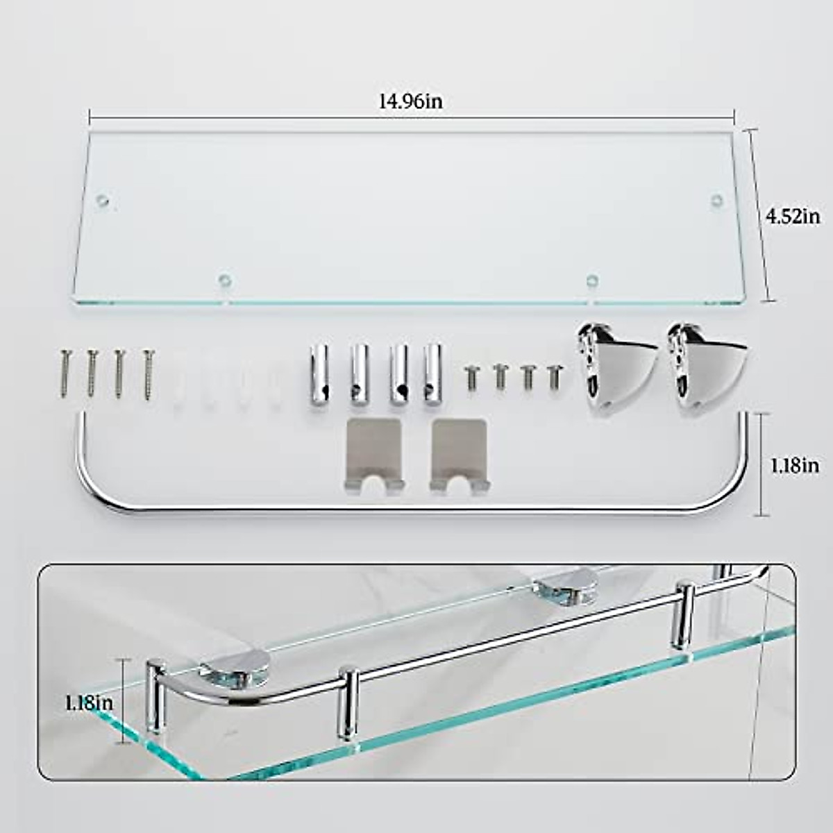 VASUHOME 2 Tier Bathroom Glass Shelves, Tempered Glass Bathroom Wall Organizer with Silver Guardrail, and 2 Metal Hooks - Wall Mounted Rectangular Shelves for Storage and Display