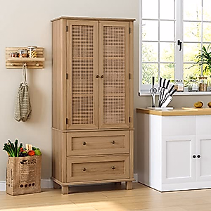 FOTOSOK Kitchen Pantry Storage Cabinet, Tall Cabinet with Rattan Doors and 2 Drawers, Freestanding Cupboard with Adjustable Shelves, Utility Pantry for Kitchen, Dining Room,Walnut