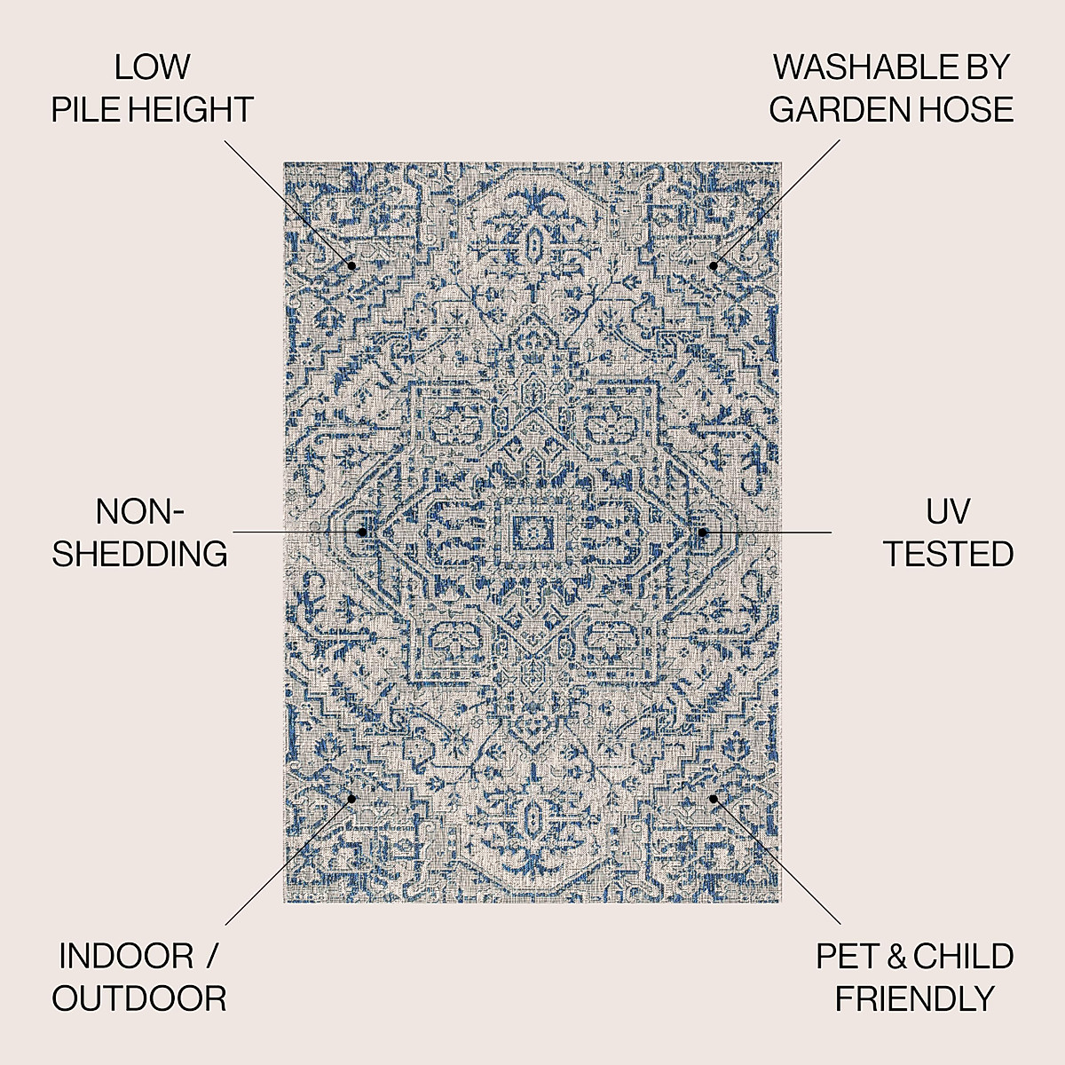 JONATHAN Y SMB105B-9 Estrella Bohemian Medallion Textured Weave Indoor Outdoor Area Rug Coastal Bohemian Rustic Glam Easy Cleaning Bedroom Kitchen Backyard Patio Non Shedding, 9 X 12, Navy/Gray