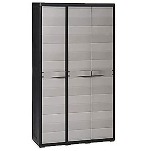 POCREATION Garden Storage Cabinet,Lockable Black&Gray Polypropylene Storage Cabinet Outdoor Storage Shed Cabinet with 4 Shelves for Patio, Tool,Garage Organization
