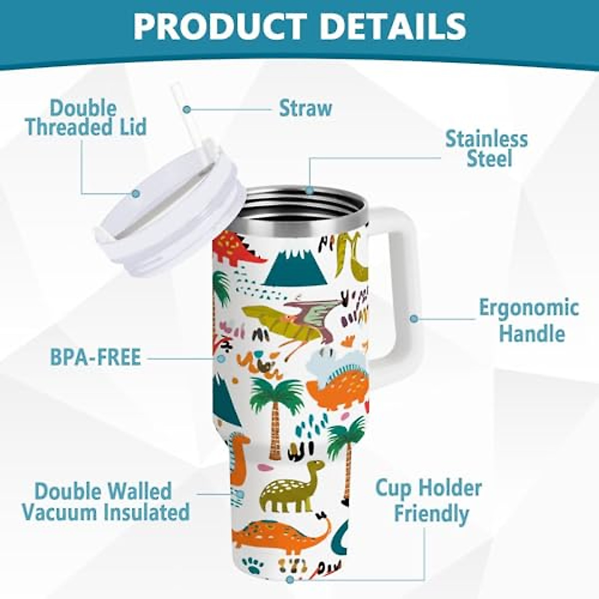RPLIFE Cute Colorful Dinosaurs 40oz Tumbler with Handle, Stainless Steel Tumbler with Straw, Coffee Tumbler for Women