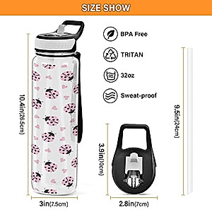 Fustylead Cute Ladybug and Hearts 32oz BPA Free Water Bottles, Leakproof Tritan Sport Water Bottle with Straw for Gym Fitness Running