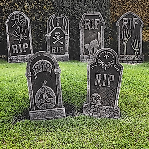 Hourleey Halloween Foam RIP Tombstones, 6 Pack 15" Graveyard Headstone Decorations Outdoor for Halloween Lawn Yard Garden Tombstone Decor