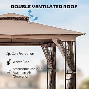 HAPPATIO 10' X 12' Patio Gazebo with Ventilation Double Roof，Outdoor Gazebo with Mosquito Netting for Lawn, Garden (Light Brown)