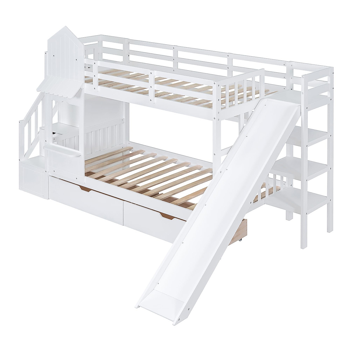 MERITLINE Twin Over Twin Bunk Bed for Kids, Castle Bunk Beds with 2 Drawers 3 Shelves and Slide, Solid Wood Twin Bunk Bed for Kids Girls Boys Teens (White)