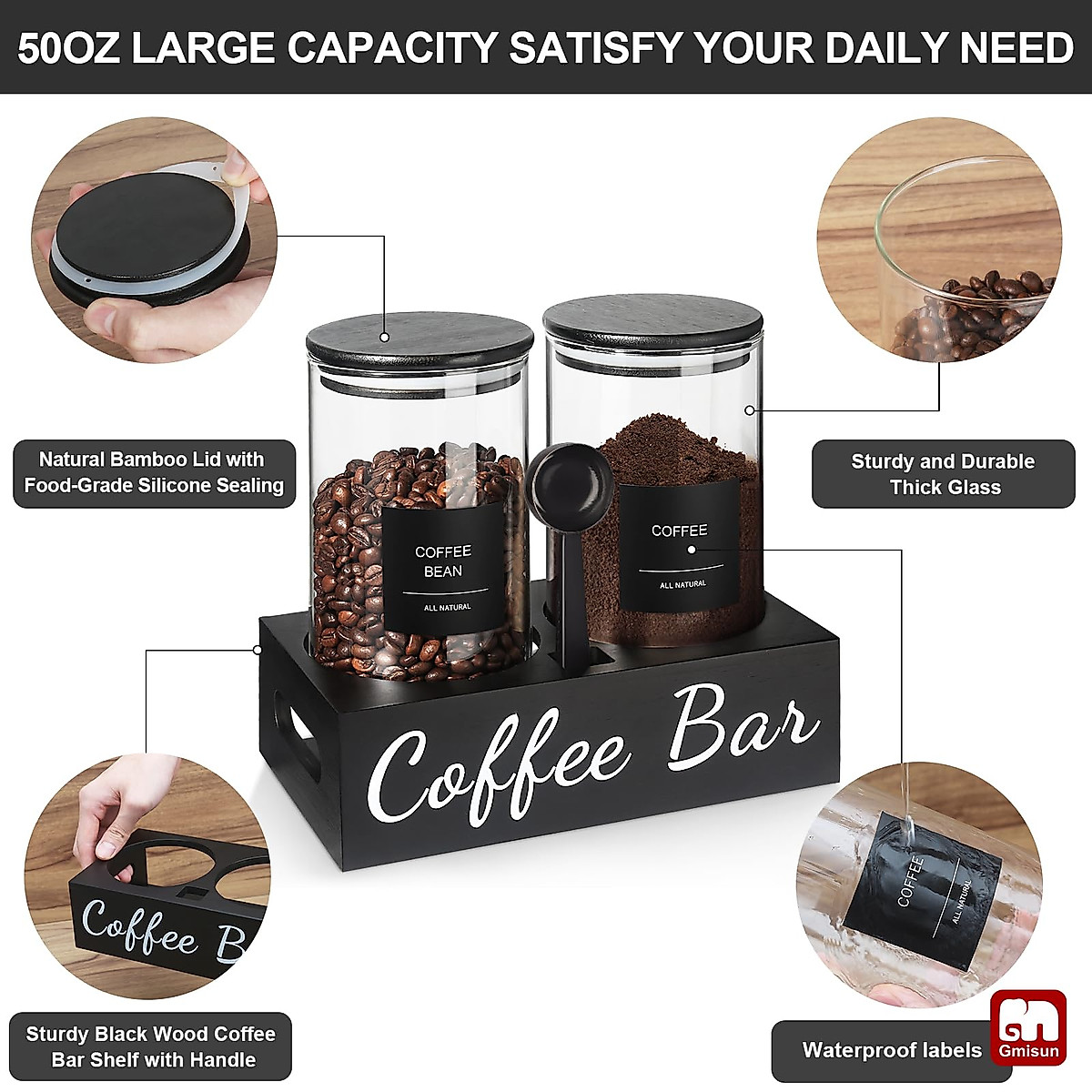 GMISUN Coffee Container, 2Pcs 50oz Black Glass Coffee Bean Storage Canister with Airtight Lids, Coffee and Sugar Jar Set with Scoop/Shelf/Labels, Coffee Containers for Coffee Bar Ground Coffee/Tea