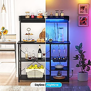 Topfurny Bakers Rack with Power Outlet, Microwave Stand, Kitchen Storage Shelf with Led Lights, Coffee Bar Station with Wine Glass Holder, Kitchen Rack for Spices, Pots, and Pans, Black