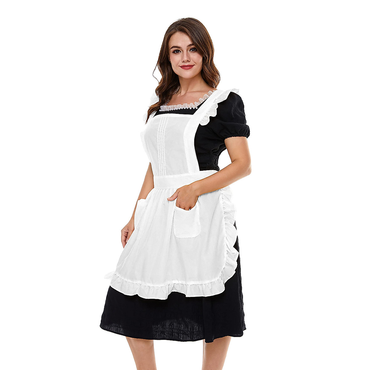 LilMents Retro Adjustable Ruffle Apron with Pockets, Small to Plus Size Ladies (White)