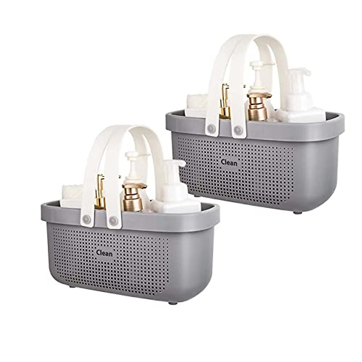 kamuavni 2 Pack Plastic Shower Caddy Basket with Removable Handles, Portable Cleaning Supply Storage Organizer with Holes for College Dorm Bathroom - Grey