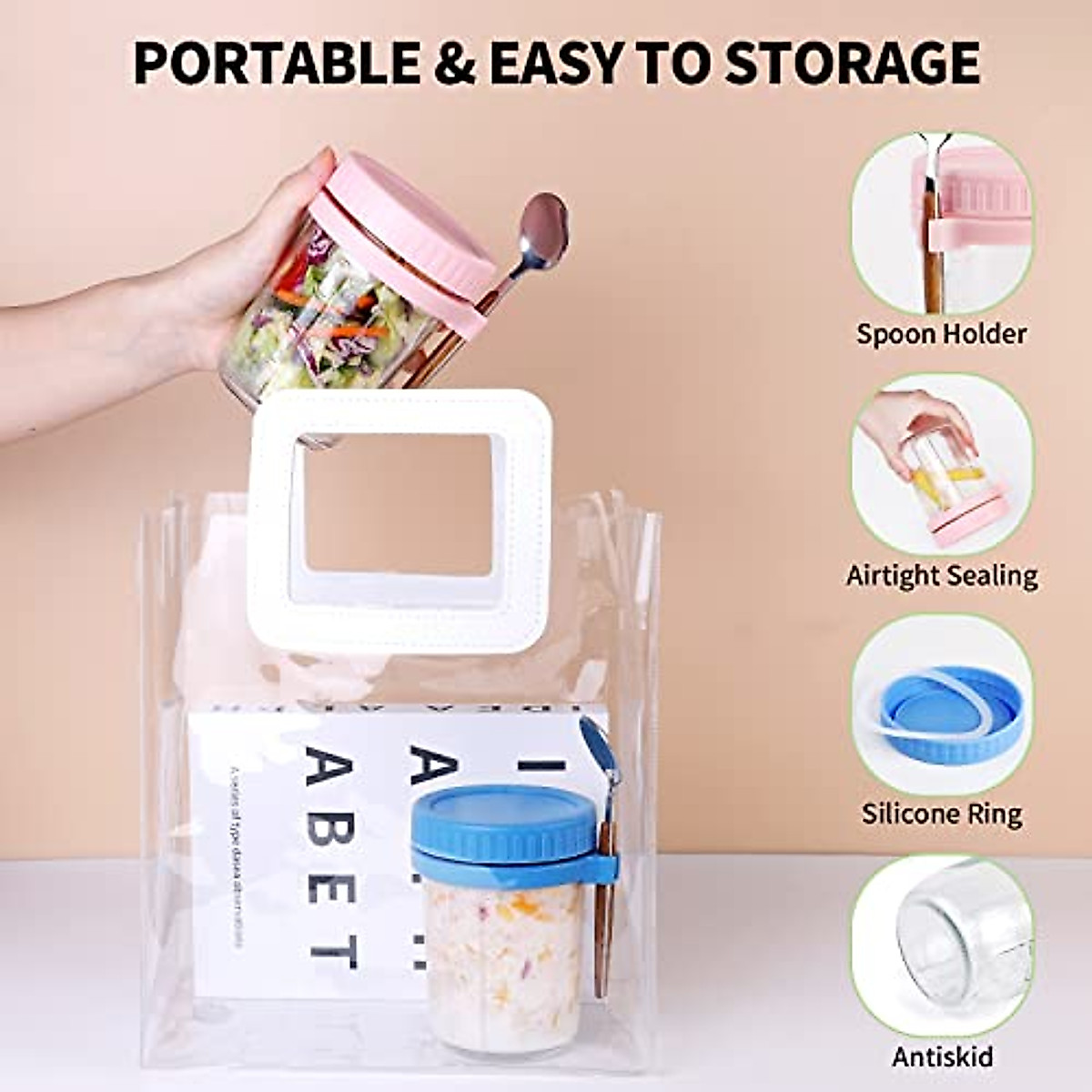 SUREHOME Overnight Oats Containers with Lids and Spoon, 16 Oz Glass Mason Jars for overnight oats oatmeal container to go meal prep jars with Measurement Marks for Pudding Milk Cereal Salad (2 Pack)