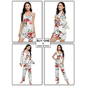 Escalier Womens 5pcs Silk Satin Pajama Set Floral Cami Pjs Sleepwear Button Down Pj Sets Loungewear White