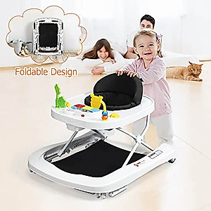 INFANS Foldable Baby Walker, 3 in 1 Toddler Walker Bouncer, Learning-Seated, Walk-Behind, Music, Adjustable Height, High Back Padded Seat, Detachable Trampoline Mat, Activity Walker with Toys (Grey)