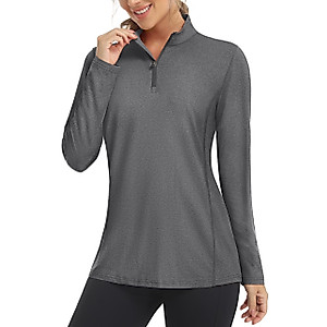 MAGCOMSEN Quarter Zip Women Long Sleeve Sun Shirts UV Protection Collared Golf Shirt Hiking Athletic Tops Dark Grey M