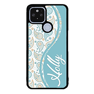 Teal Blue Orange Paisley Personalized Black Rubber Phone Case Compatible With Google Pixel 8 Pro, 8a, 8, 7a, 7, Pixel 7 Pro, 6a, Pixel 6 Pro, 6, 5, 4a 5G, 4a 4G, 4, 4 XL, 3a, 3a XL, 3, 3 XL, 2 XL