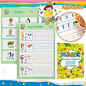 4Pcs Large Magic Practice Copybook for Kids, Handwriting Practice Book for Kids, Magic Ink Print Handwriting Workbook with 1 Pen + 8 Refills + 1 Grip for Beginners, Preschoolers & Kindergarten Kids