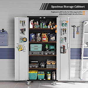 VINGLI 72'' Tall Garage Storage Cabinet, Metal Storage Cabinet with Wheels, Locking Doors and Adjustable Shelves (Black & Silver, 32''W x 16''D x 72''H)