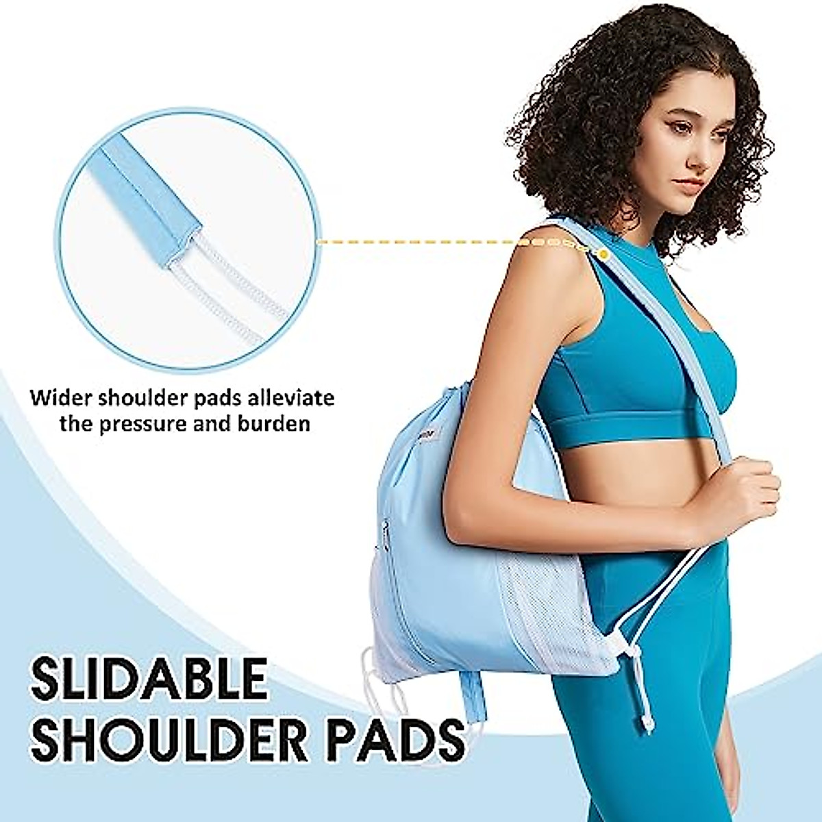 WANDF Drawstring Backpack with Shoulder Pad Sports Gym Backpack with Mesh Pocket String Bag for Women Men(Blue)